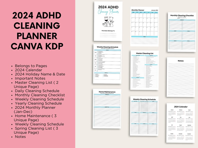 Editable 2024 ADHD Cleaning Planner Canva Templates, Printable, Weekly ...