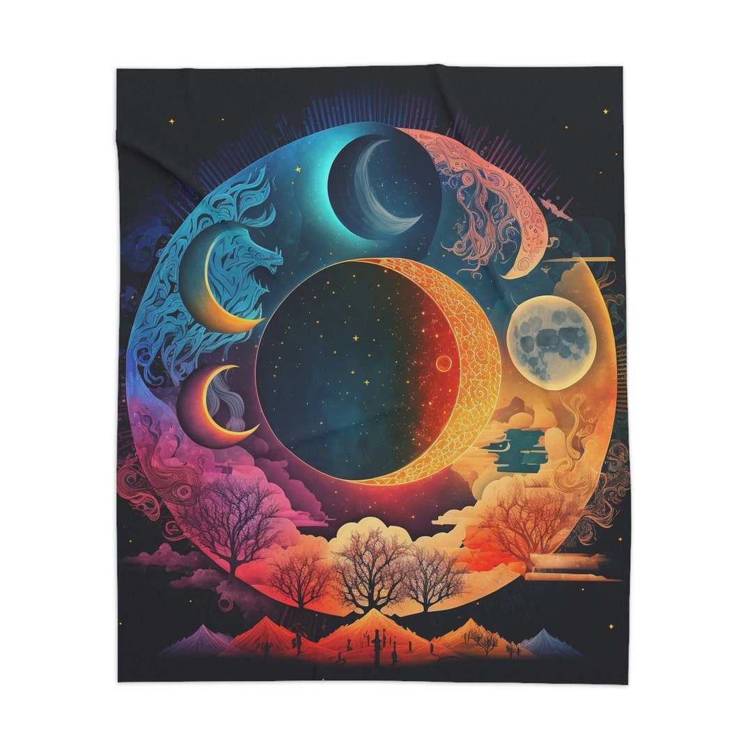 Celestial Cosmic Moon Phases Sherpa100 Blanket Boho Botanical Throw ...