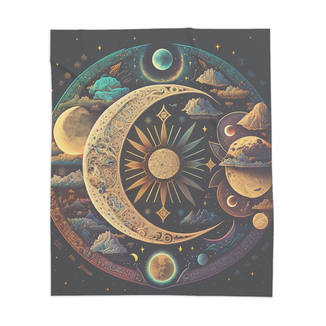 Celestial Moon Sherpa Blanket, Moon and Stars, Galaxy, Moon Phases Home ...