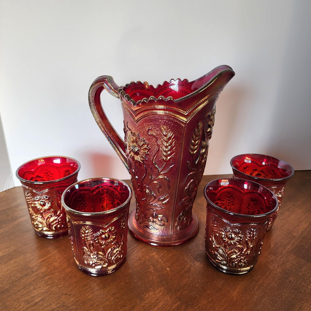 Imperial Glass Ruby Pitcher Sunset Field Flowers and 4 Tumblers Carnival Glass - Etsy