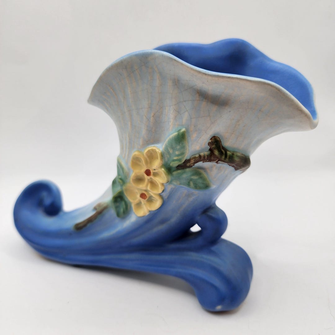 Weller Pottery Roba Blue Floral Cornucopia Vase R-7 Vintage - Etsy
