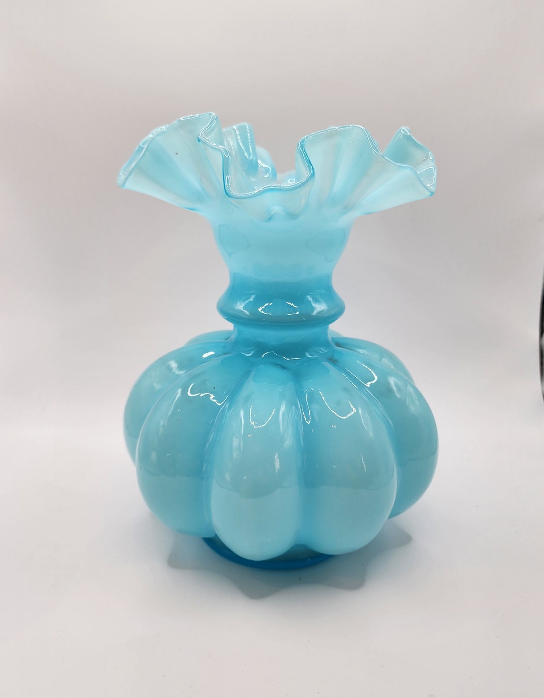 Fenton Blue Ruffled Overlay Melon Vase Light Blue Collectible Glass ...