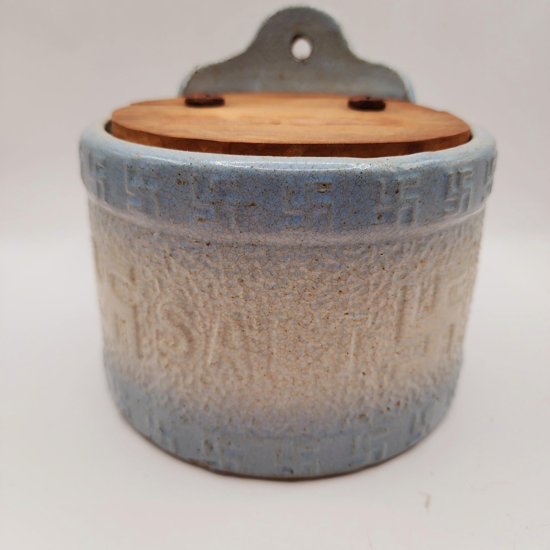 Blue and White Stoneware Salt Crock With Lid, Indian Good Luck Symbol ...