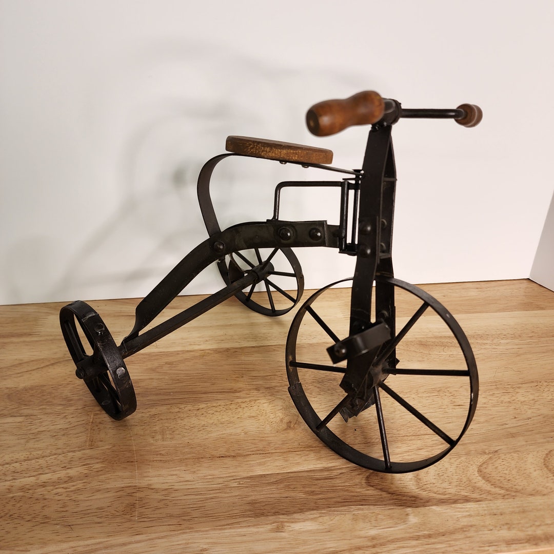 Vintage Miniature Metal Toy Tricycle With Wood Handles and Seat, Bear ...