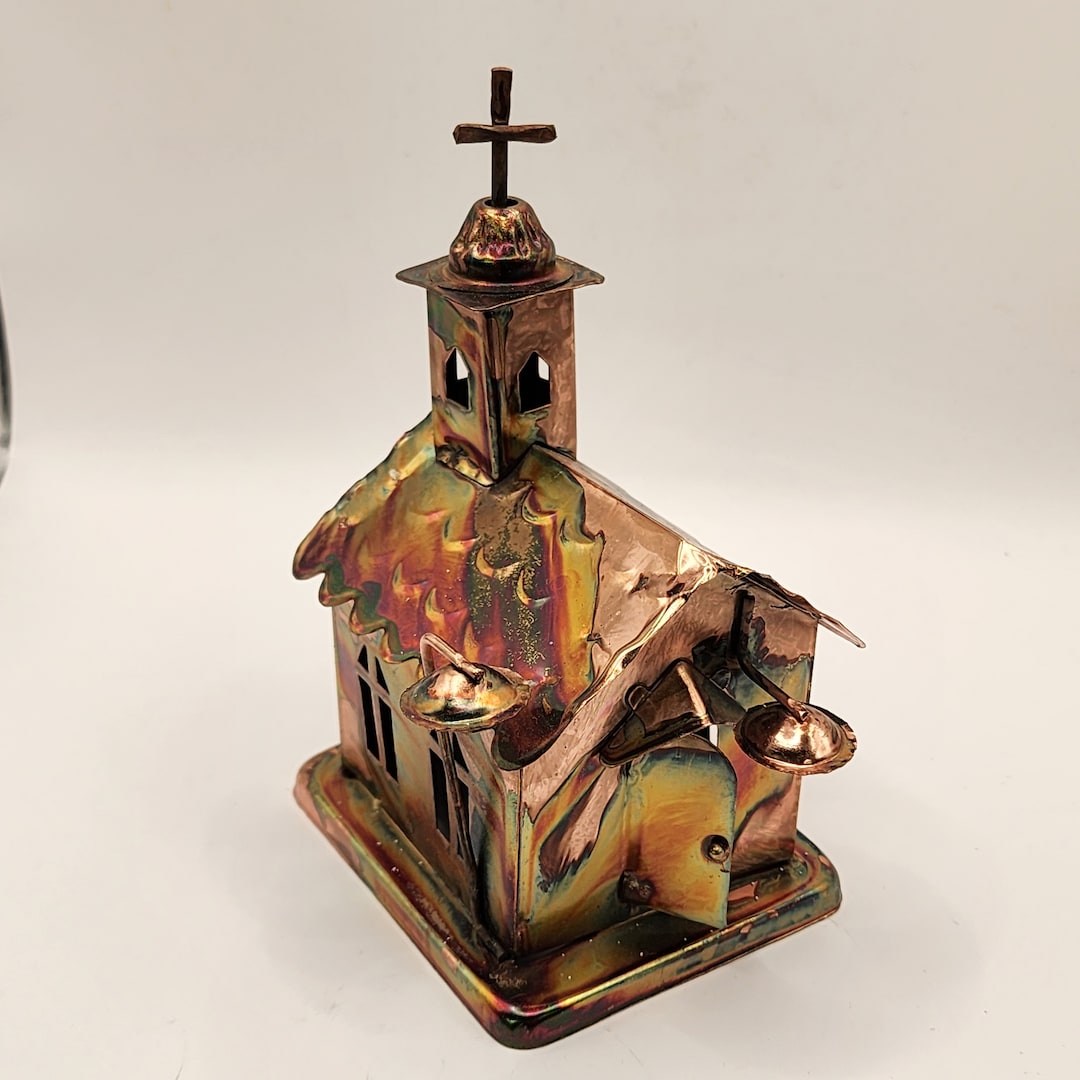Vintage 70s Copper Tin Church Music Box Figi/antique Metal Church Music ...