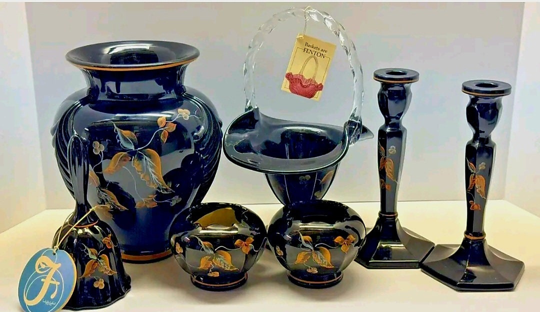 Set of 7 VTG Fenton Hand Painted Signed by Dane Fredrick Black Leaves W ...