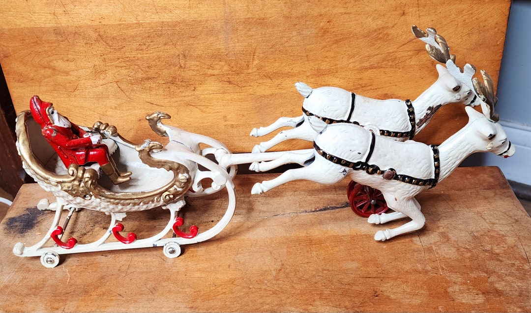 Hubley Toys Cast Iron Santa in Sleigh With Two Reindeer - Etsy