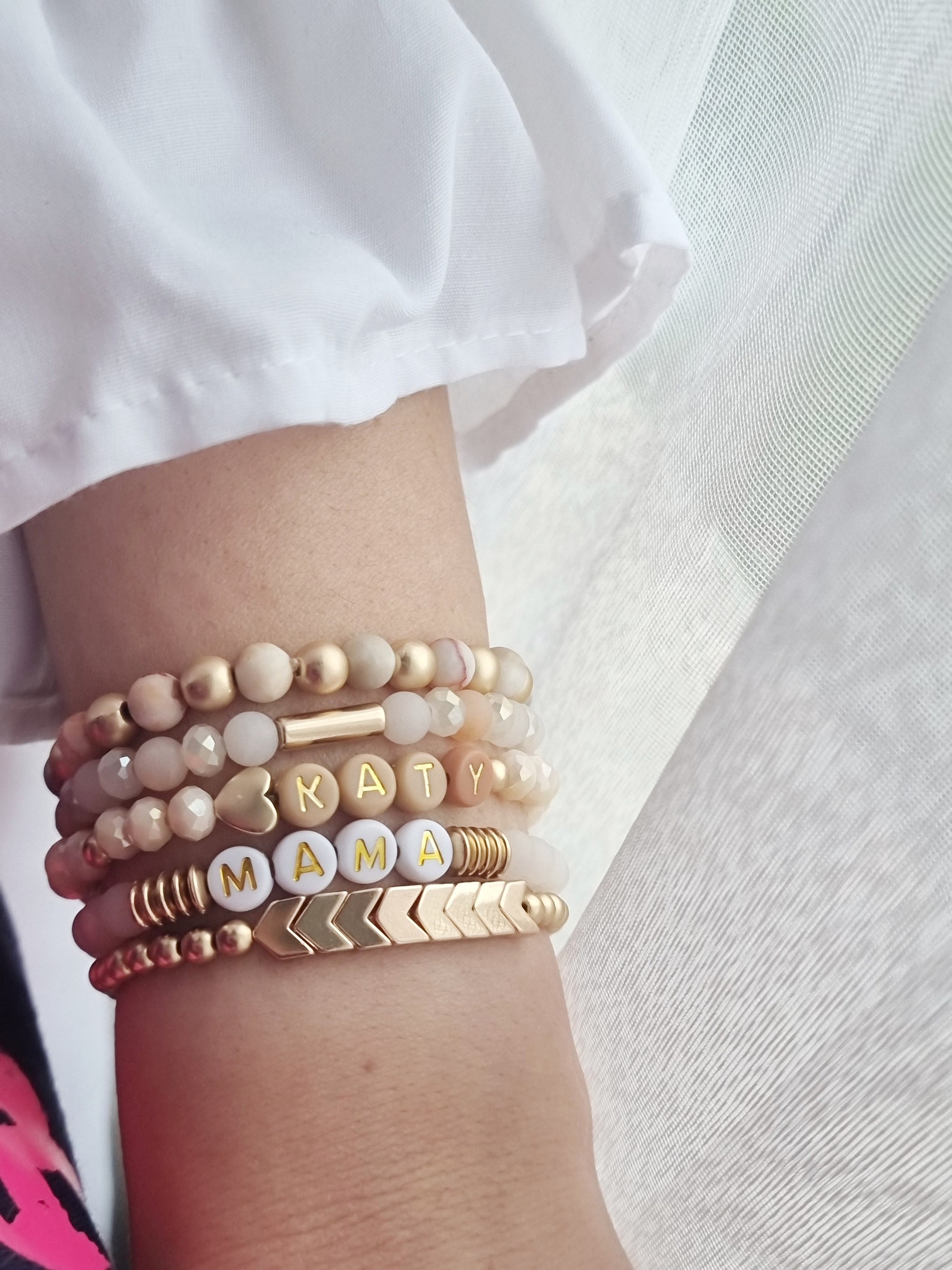 Golden-beige Bracelet Stack, Personalized Jewels, Name Bracelets, Golden Arrow Bracelet, Golden ...