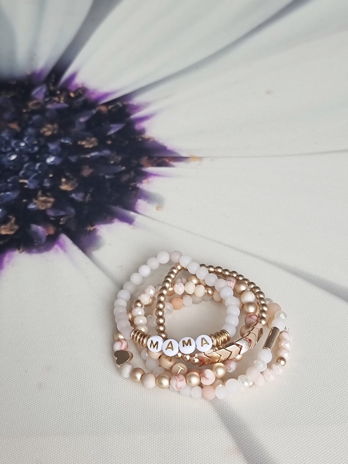 Golden-beige Bracelet Stack, Personalized Jewels, Name Bracelets, Golden Arrow Bracelet, Golden ...