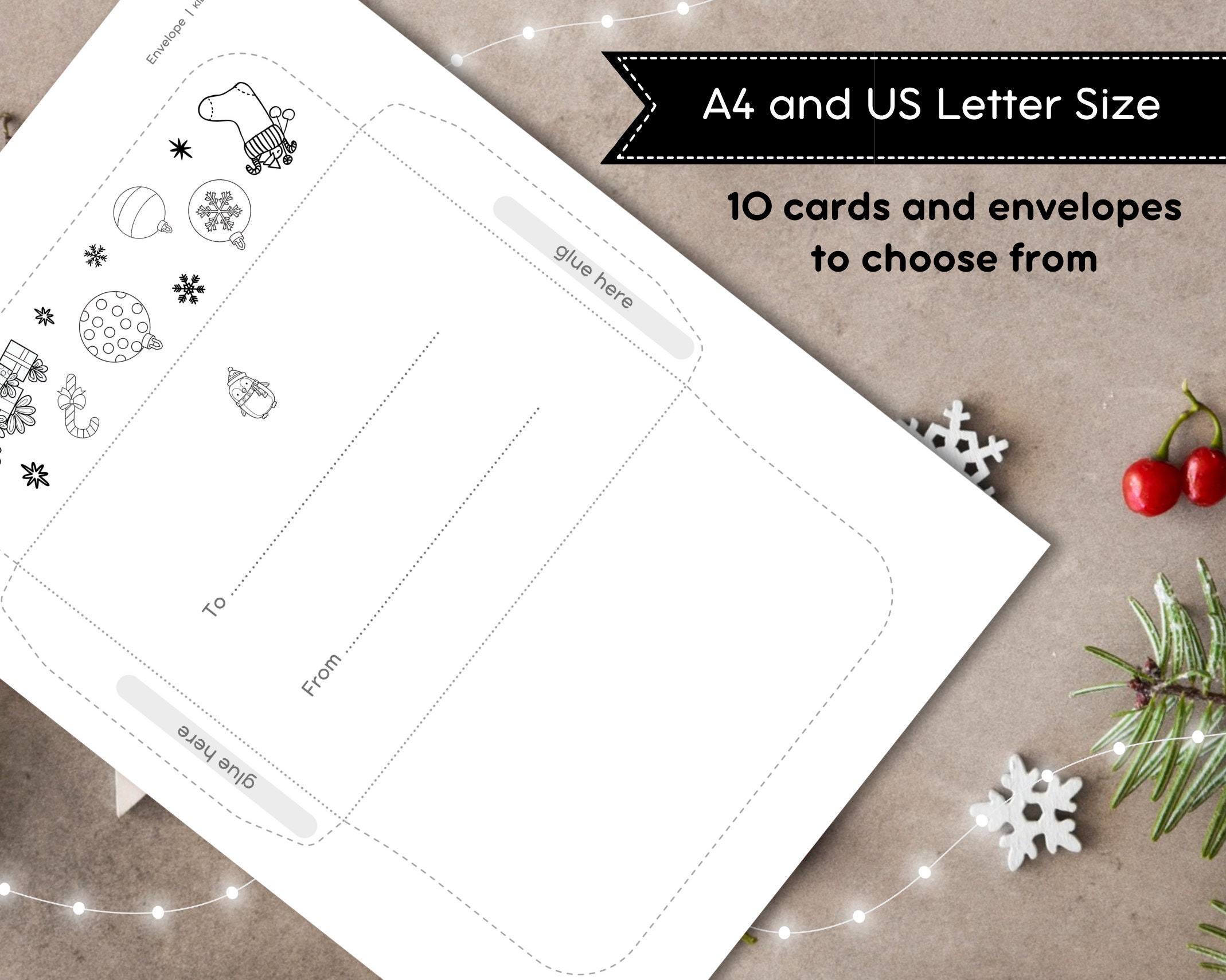 10 Printable Christmas Coloring Cards and Envelopes Christmas Words ...