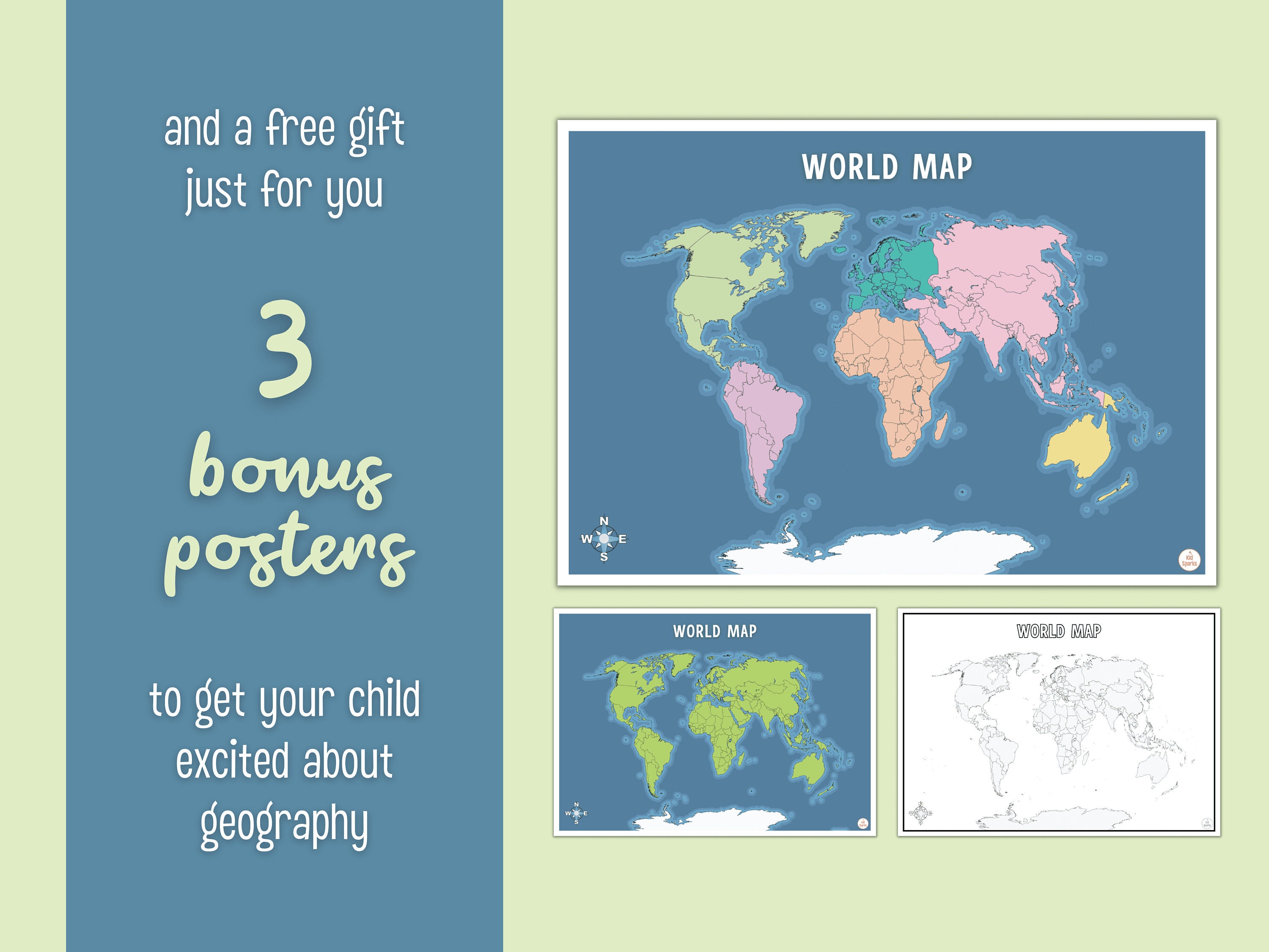 World Maps Poster Pack | Display Map Coloring Continents Oceans ...