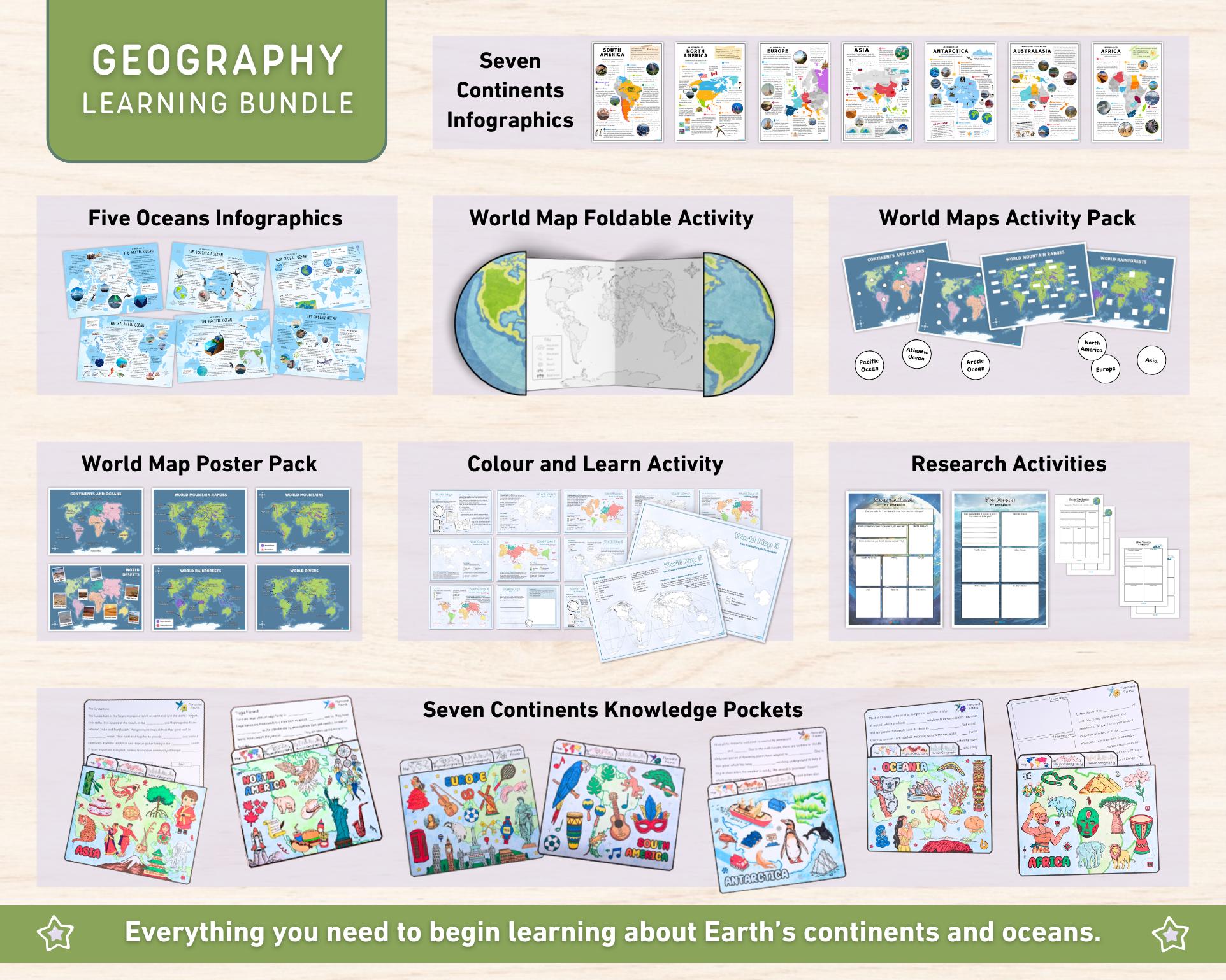 Continents and Oceans Learning BUNDLE, Infographics Foldable World Map ...