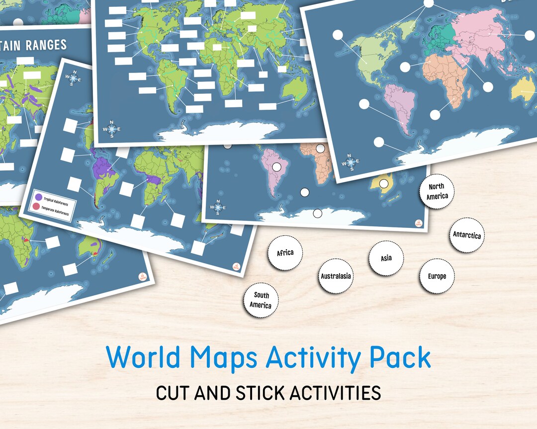 World Maps Activity Pack | Cut Paste Label Geography Learning Education ...