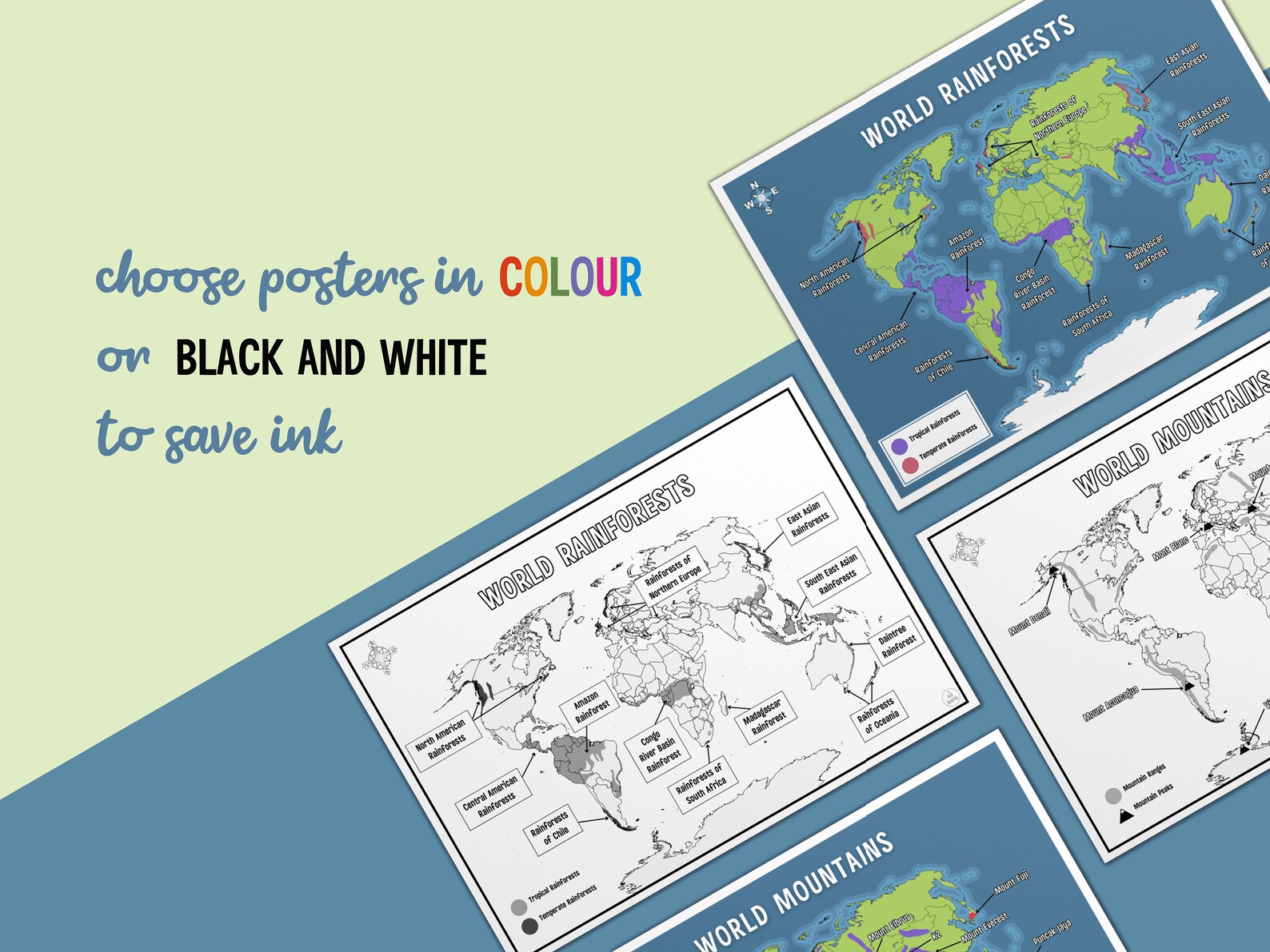 World Maps Poster Pack | Display Map Coloring Continents Oceans ...