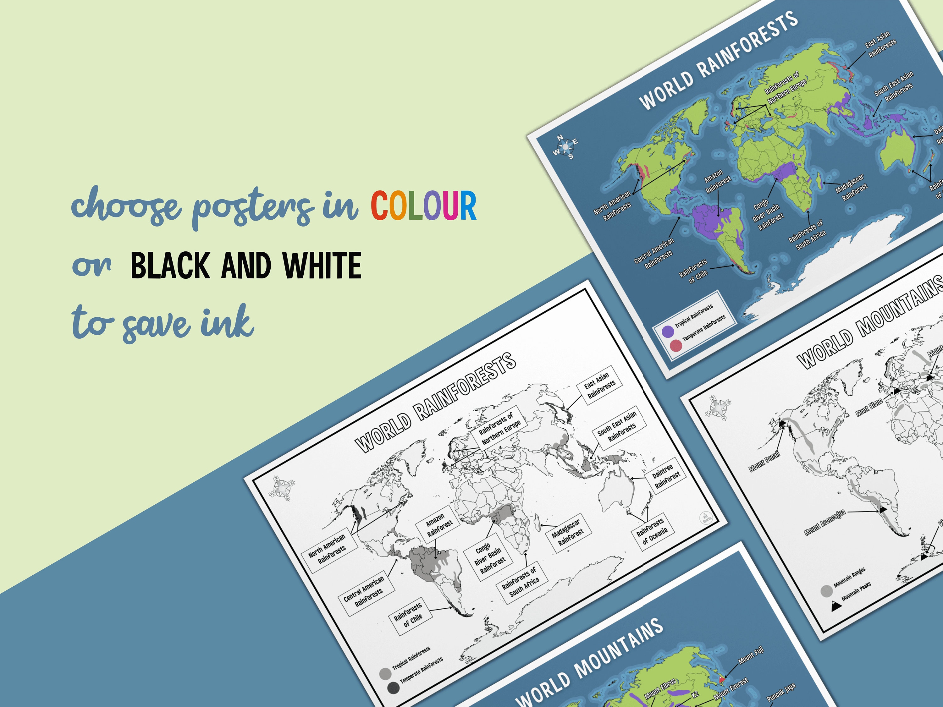 World Maps Poster Pack | Display Map Coloring Continents Oceans ...