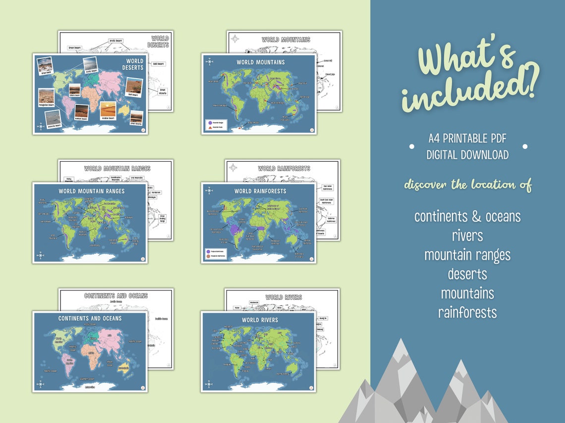 World Maps Poster Pack | Display Map Coloring Continents Oceans ...