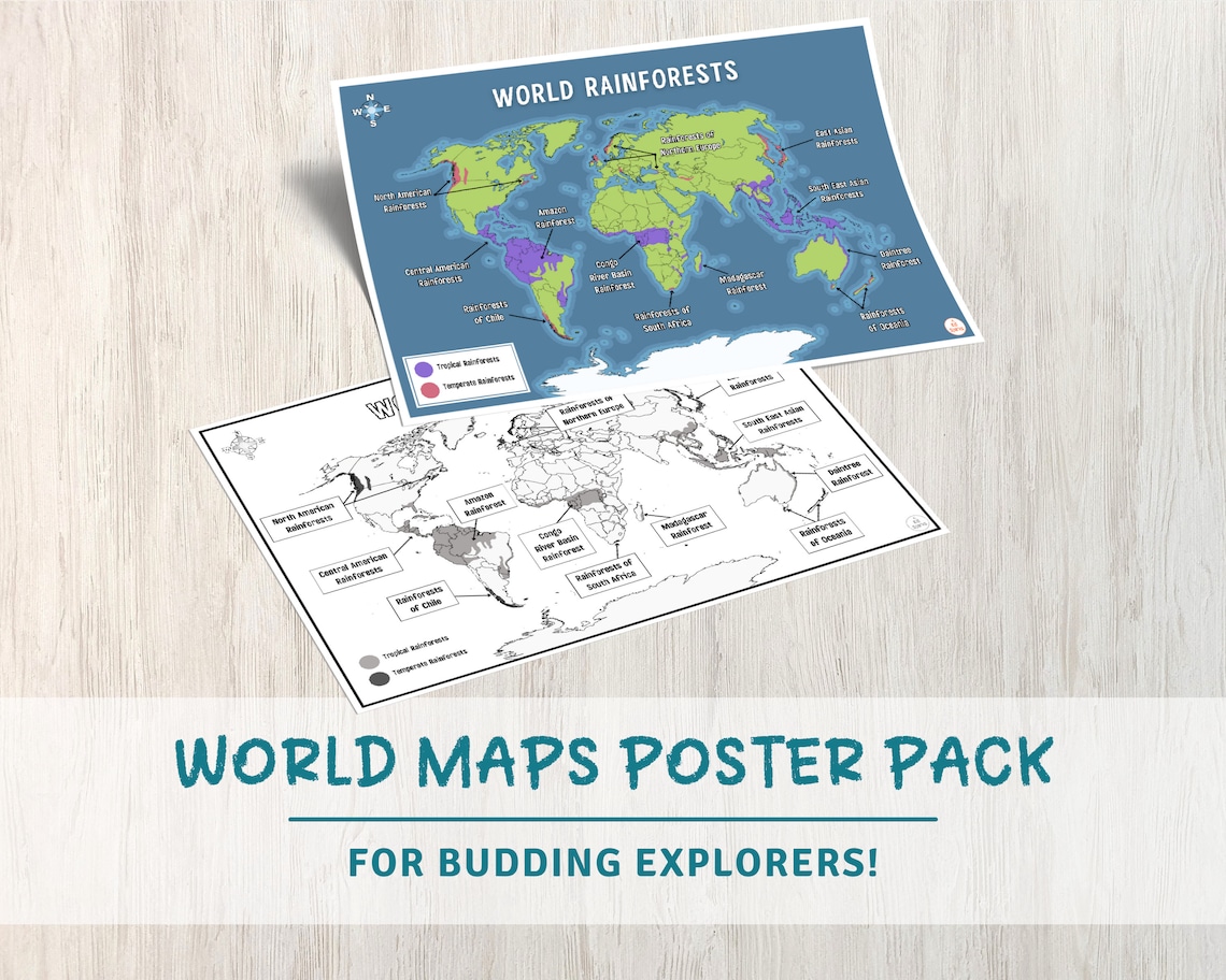 World Maps Poster Pack Display Map Coloring Continents - Etsy Canada