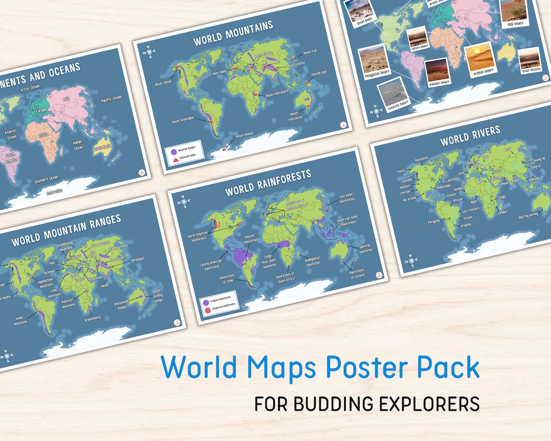 World Maps Poster Pack | Display Map Coloring Continents Oceans ...