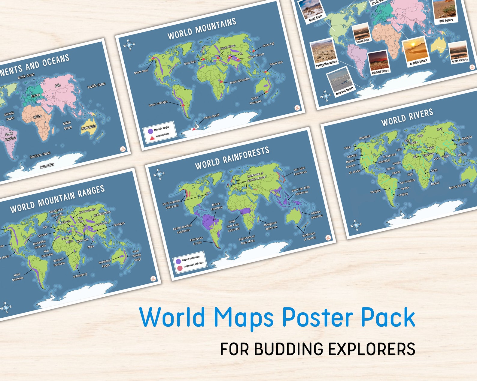 World Maps Poster Pack | Display Map Coloring Continents Oceans ...