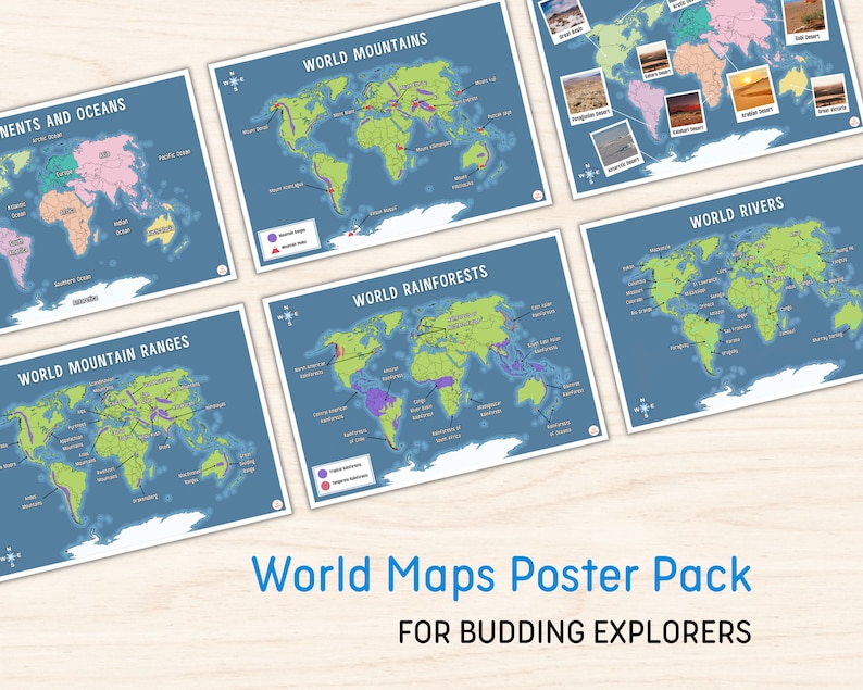 World Maps Poster Pack | Display Map Coloring Continents Oceans ...