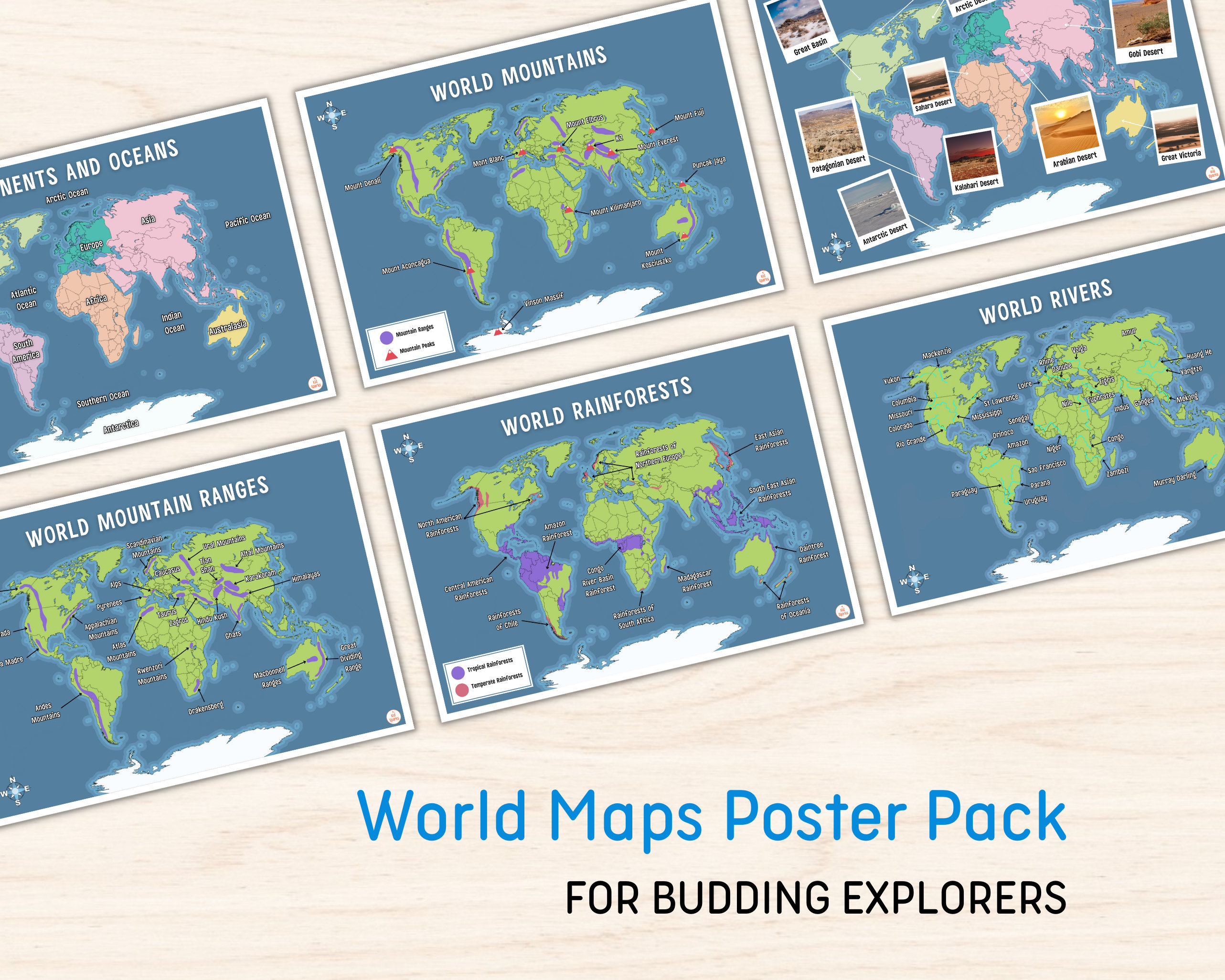 World Maps Poster Pack | Display Map Coloring Continents Oceans ...