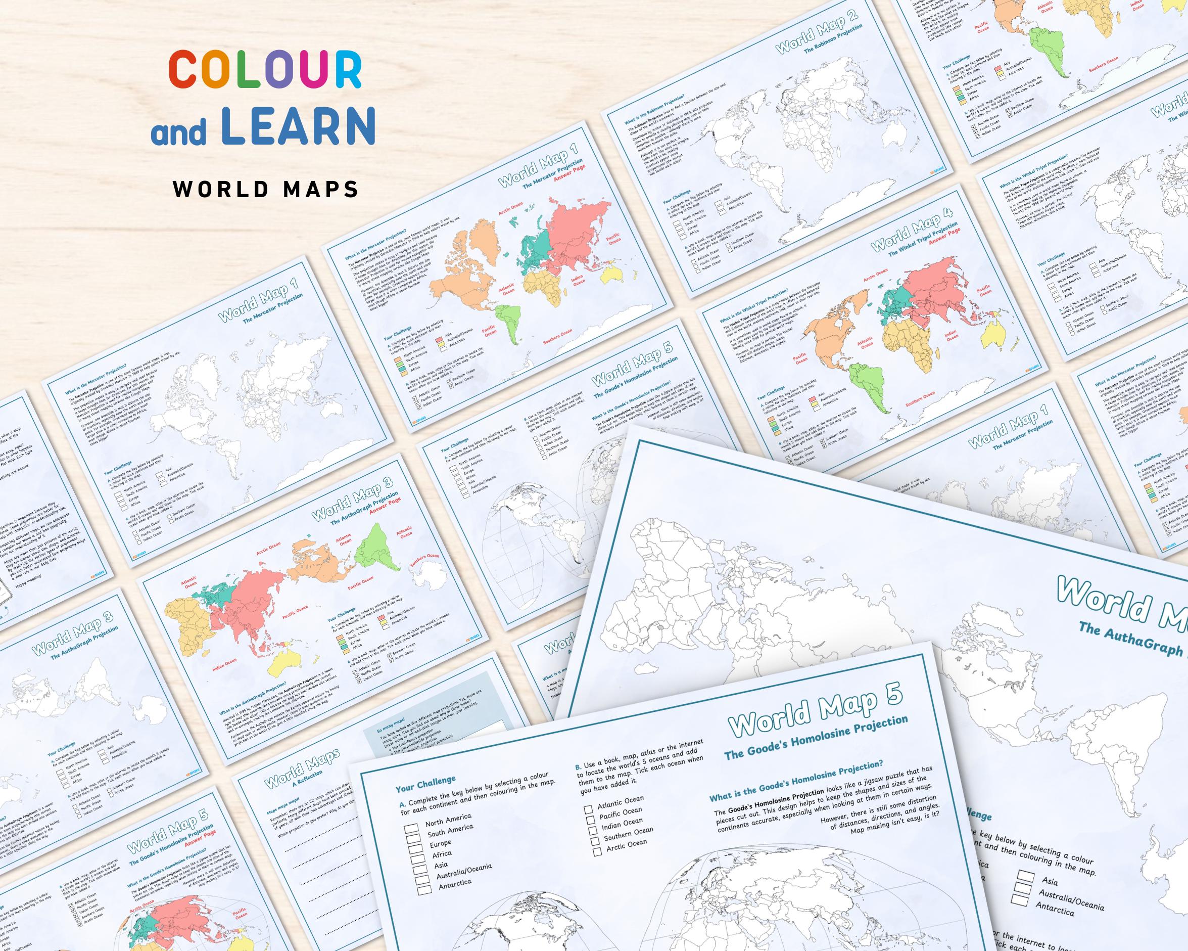 World Maps Printable Colouring Activity, Kids Geography, Map Learning ...