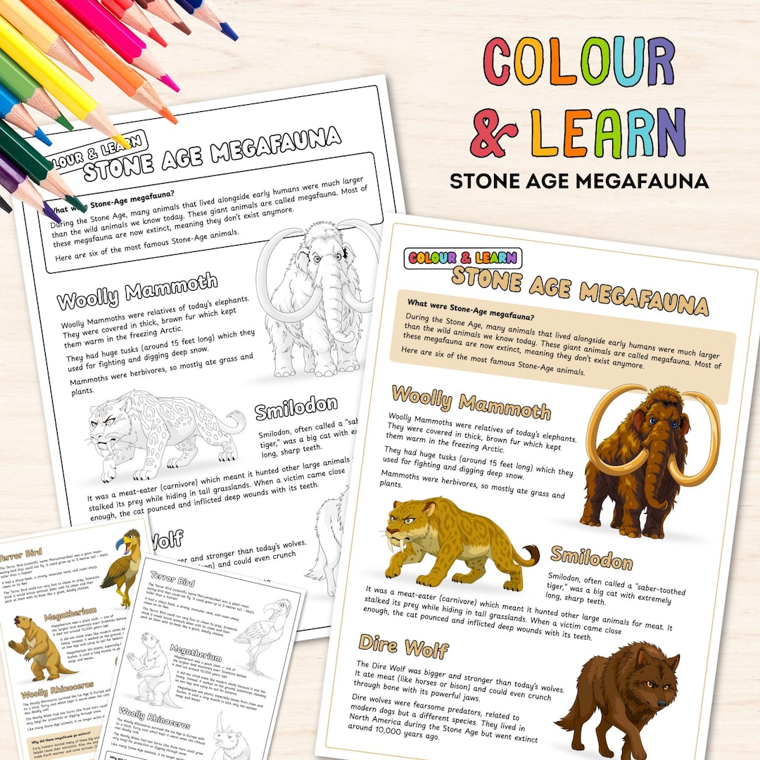 Stone Age Animals Coloring Pages, Prehistoric Learning (digital ...