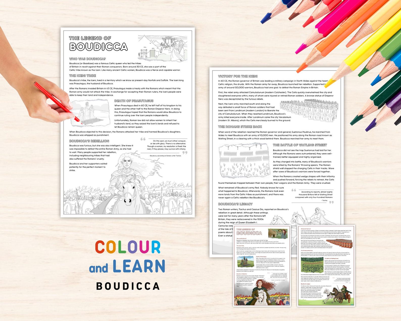 Queen Boudicca Printable Colouring Activity, Roman Britain Kids History Colour and Learn for ...