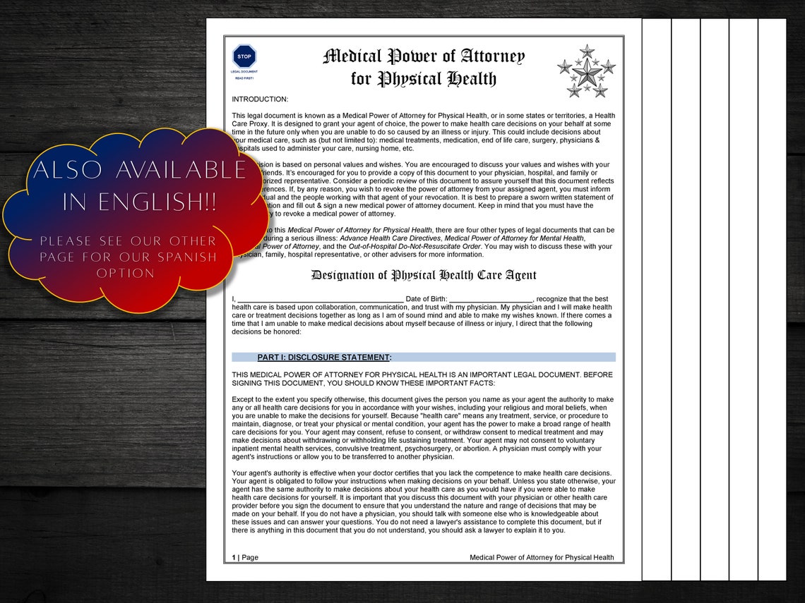 Medical Power of Attorney for Physical Health in Spanish MPOA Form ...