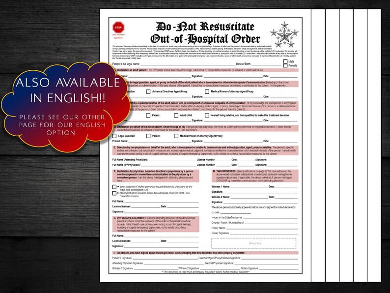 Do Not Resuscitate Order Form in Spanish Legal Form Out of Hospital DNR ...
