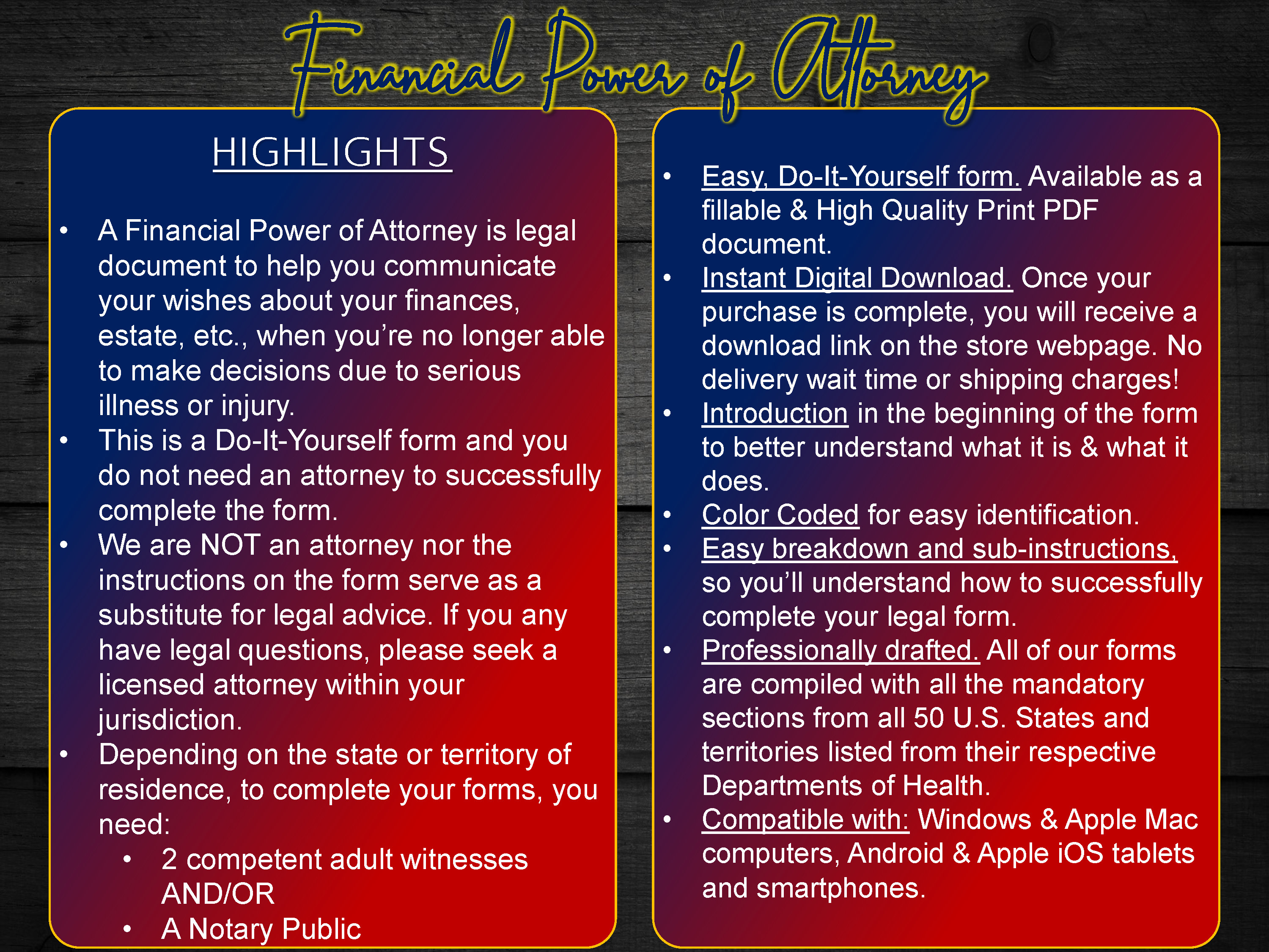 Financial Power of Attorney Form Legal POA Durable Power of Attorney ...