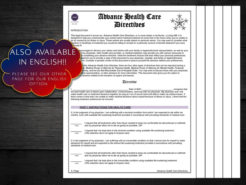 Advance Directives in Spanish Living Will Legal Form Advance Healthcare ...