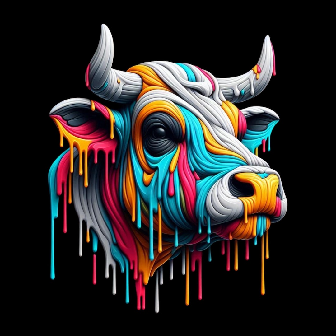 Colorful Dripping Cow Art PNG, Vibrant Cow Head Design, Digital ...