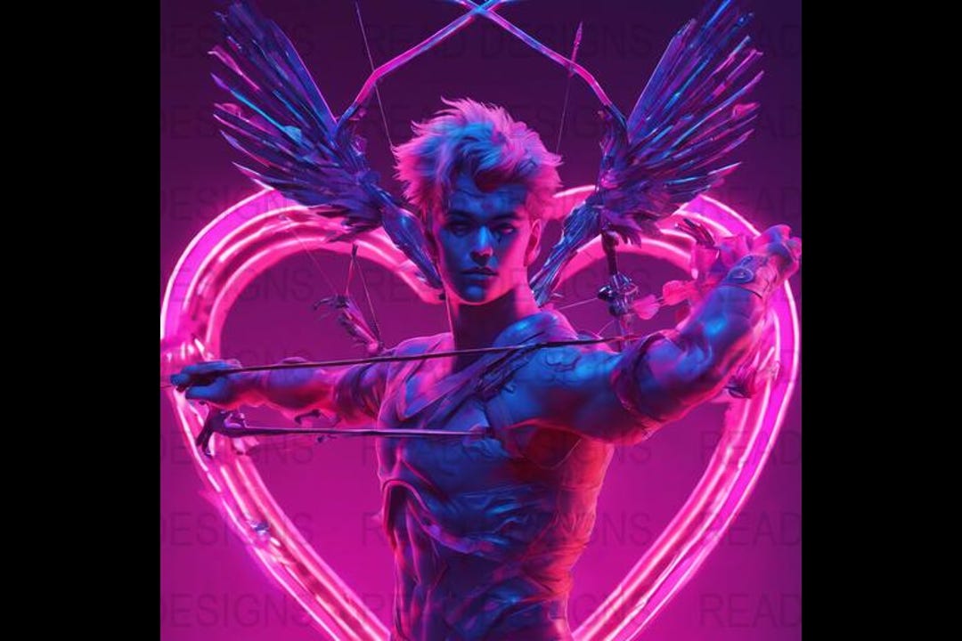 CUPID Neon Angel Archer Art Heart Arrow T-shirt, Mythical Warrior T ...