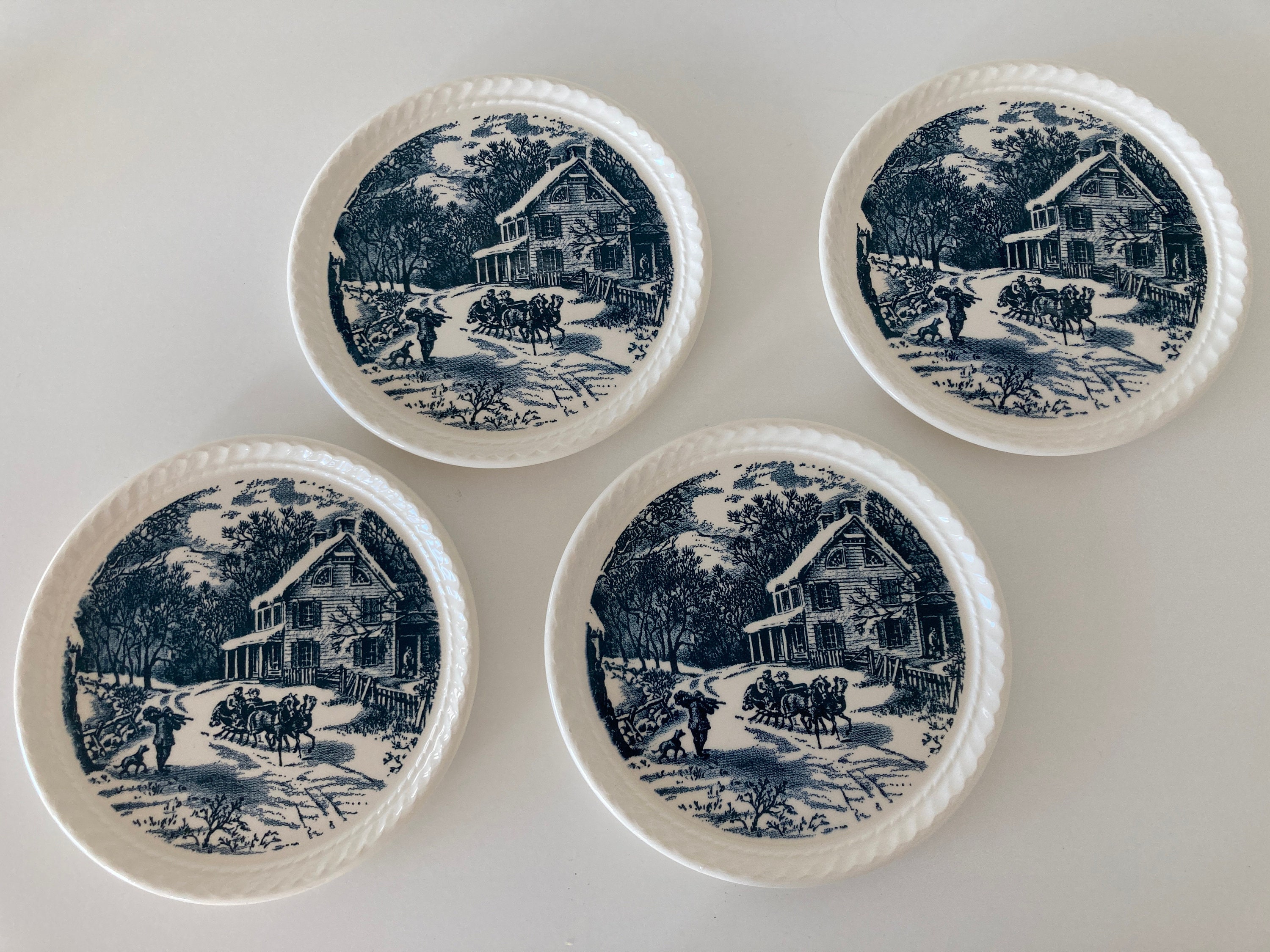 Set of Four Vintage Plates Blue and White Currier and Ives Winter Scene ...