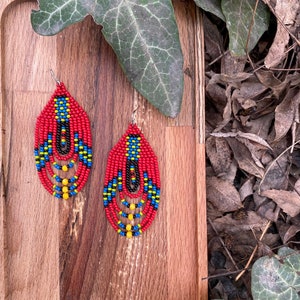 Red Aztec Beaded Earrings, Handwoven Beaded Earring, Colorful Modern ...