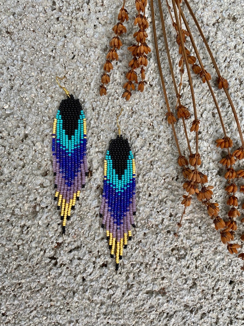Royal Blue and Green Earrings, Beaded Fringe Earring, Shining Blue ...