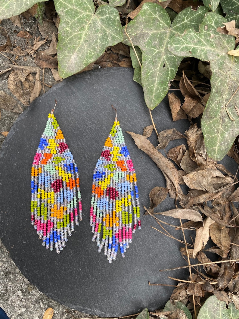 Color Palette Handwoven Beaded Earrings, Long Modern Earrings, Fringe ...