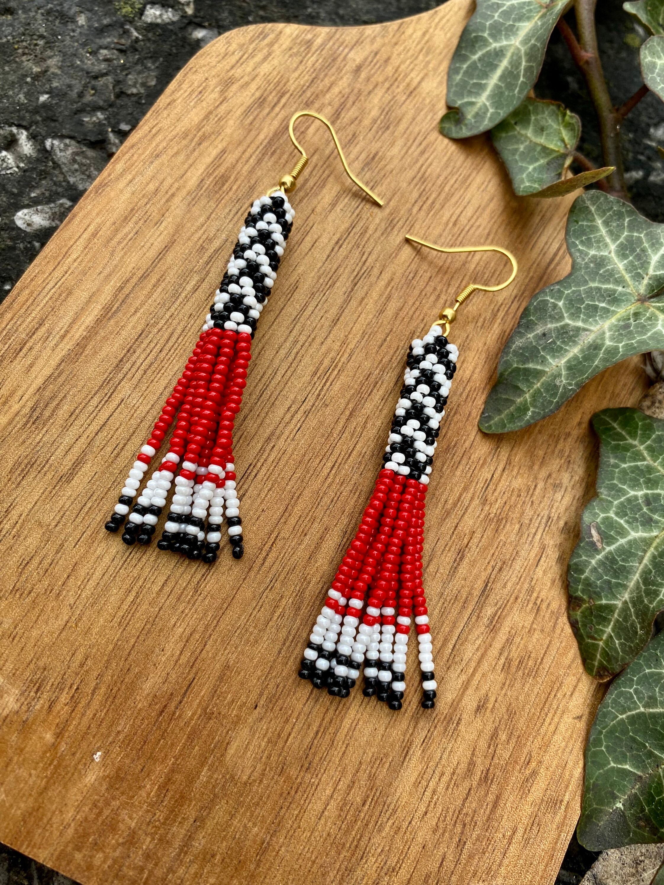 Red Black and Gold Beaded Tube Earrings Native Style Beaded - Etsy