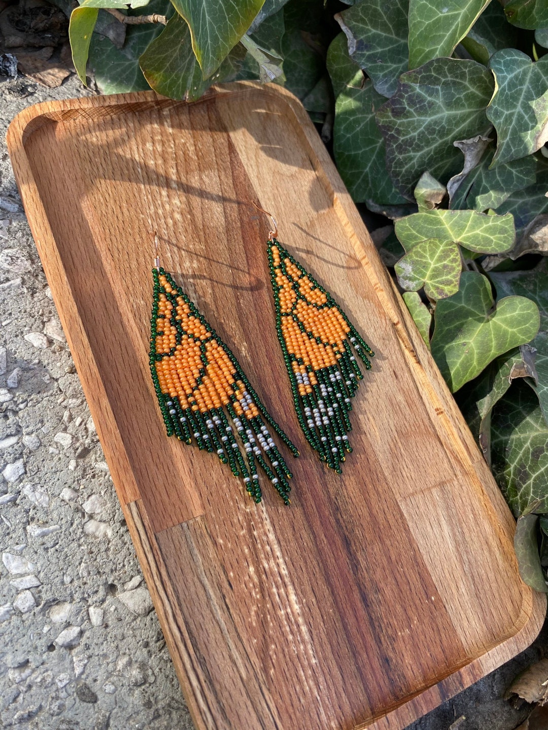 King Butterfly Wing Beaded Fringe Earrings Seed Bead Earrings Dangle ...