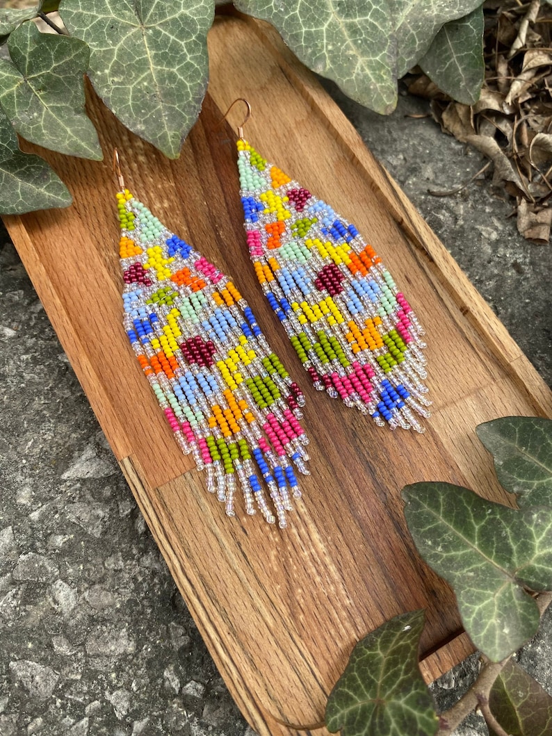 Color Palette Handwoven Beaded Earrings, Long Modern Earrings, Fringe ...