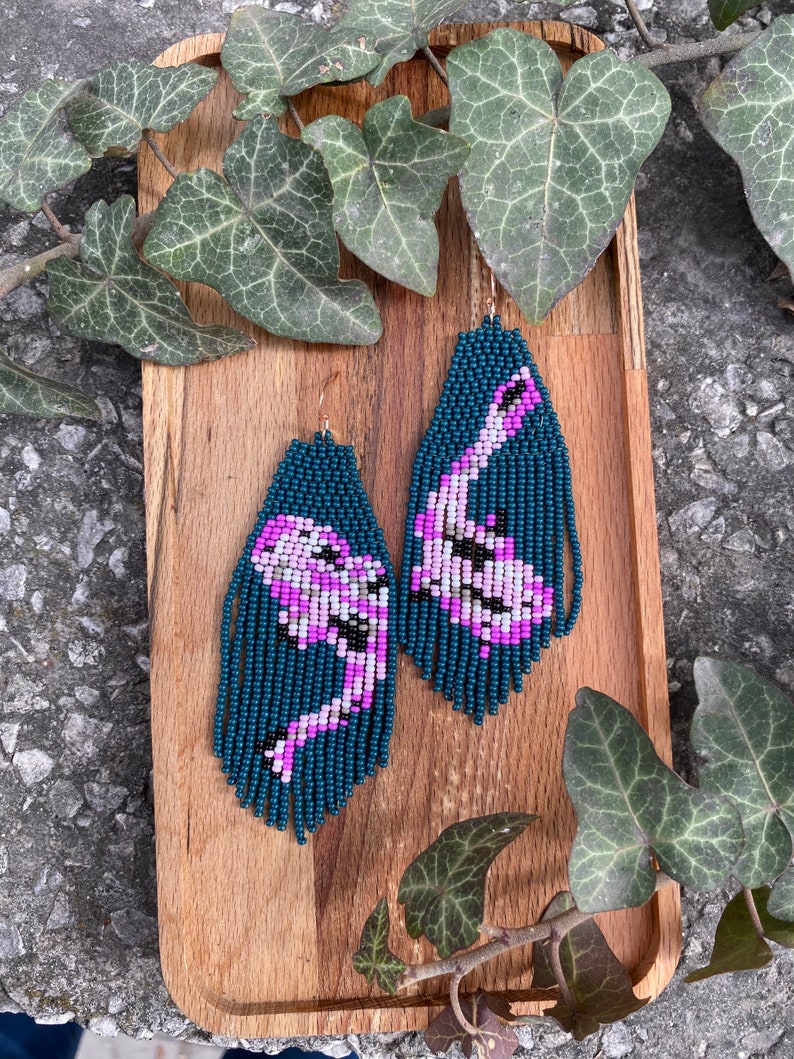 Pink Fish Beaded Fringe Earrings Seed Bead Earrings Dangle Boho ...