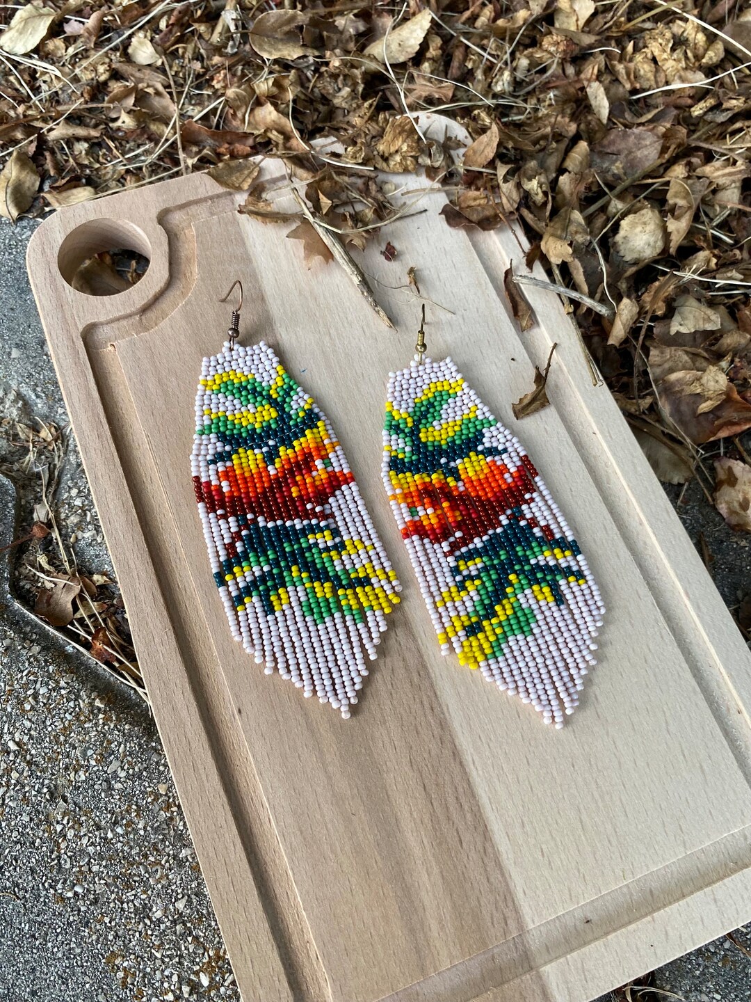 Autumn Leaves Beaded Earrings, Boho Fringe Earrings, Sycamore Leaves ...