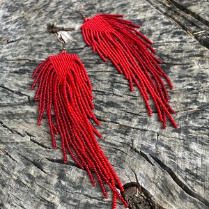 Extra Long Red Beaded Fringe Earrings, Shiny Red Earrings, Seed Bead ...