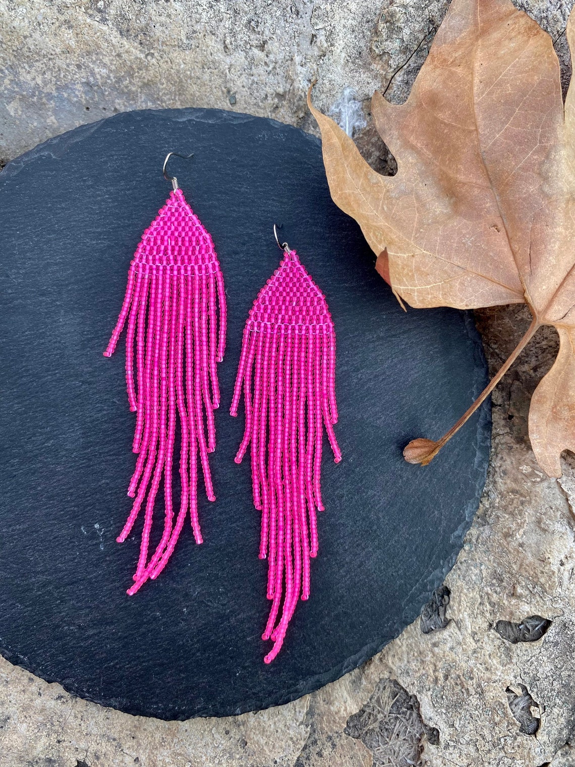 Neon Pink Extra Long Earrings Beaded Fringe Earringsshoulder - Etsy