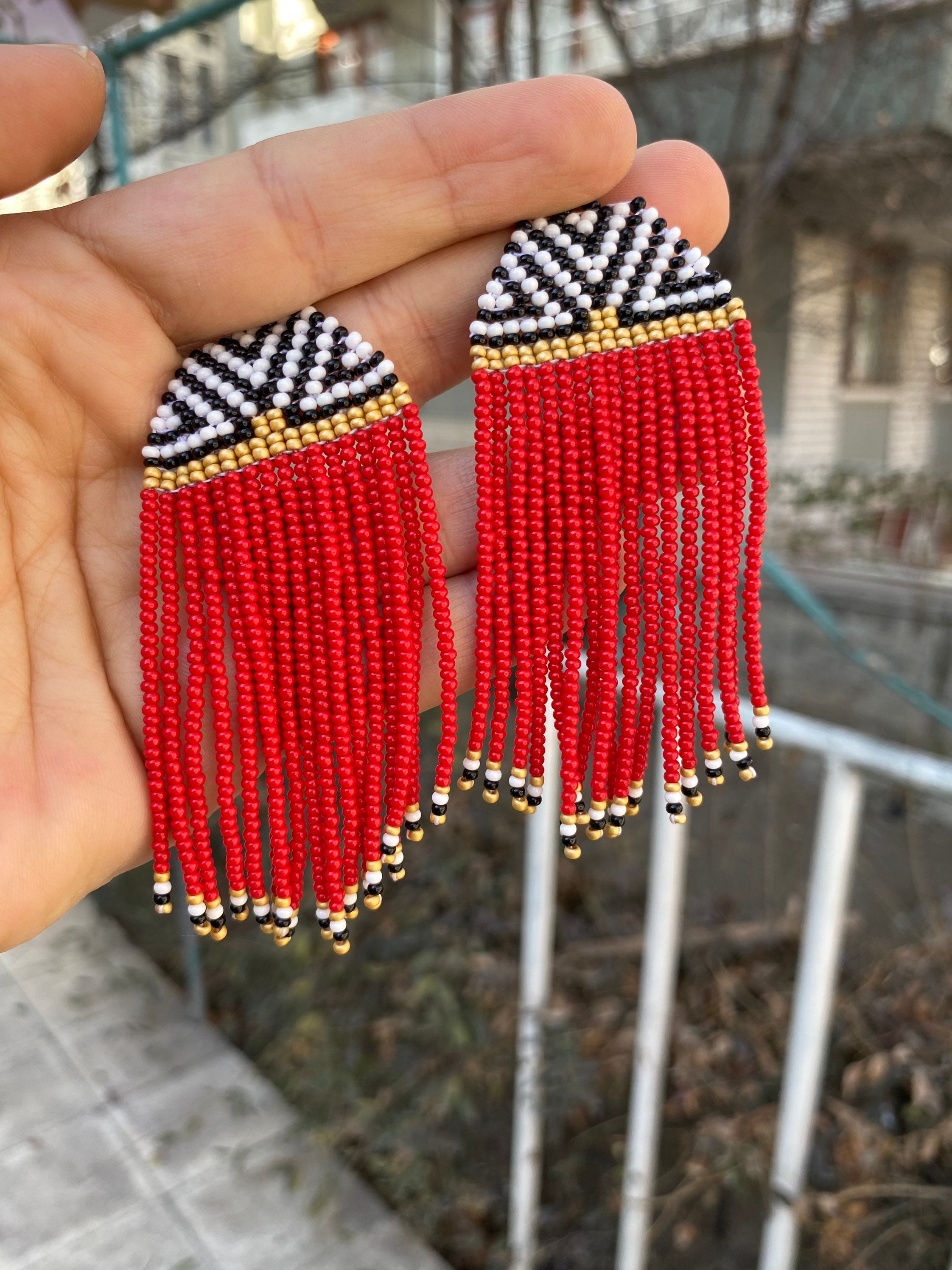 Long Red Beaded Fringe Earrings Seed Bead Earrings Dangle - Etsy