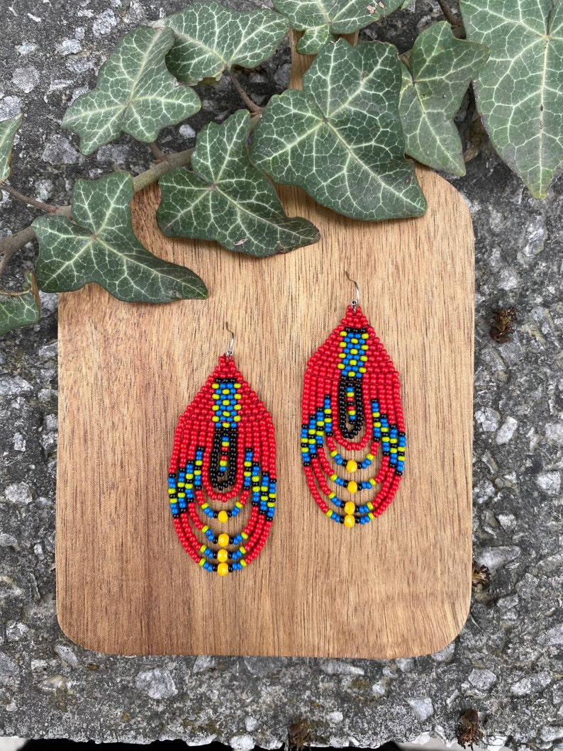 Red Aztec Beaded Earrings Handwoven Beaded Earring Colorful - Etsy