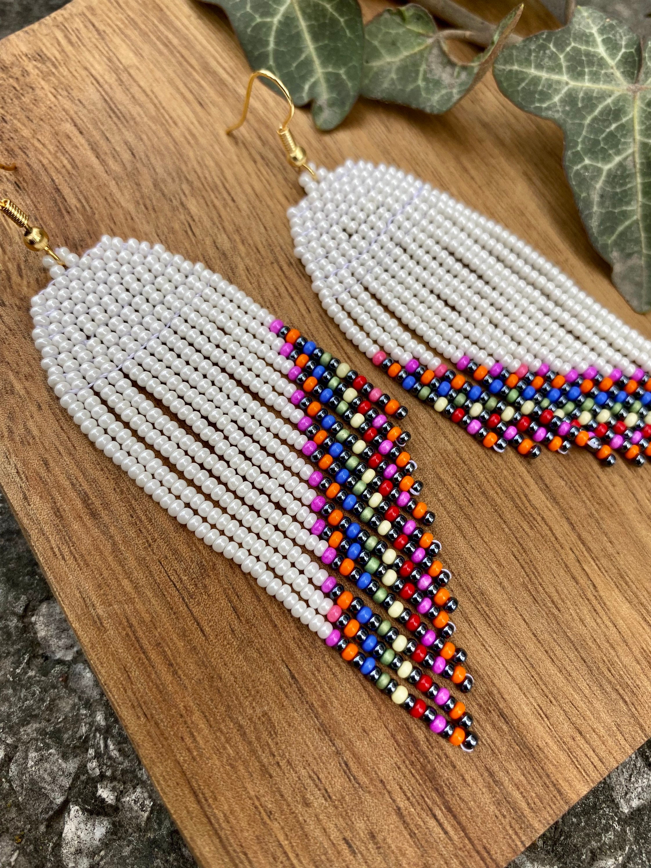 Pearl White Beaded Fringe Earrings Angel Wings Seed Bead - Etsy