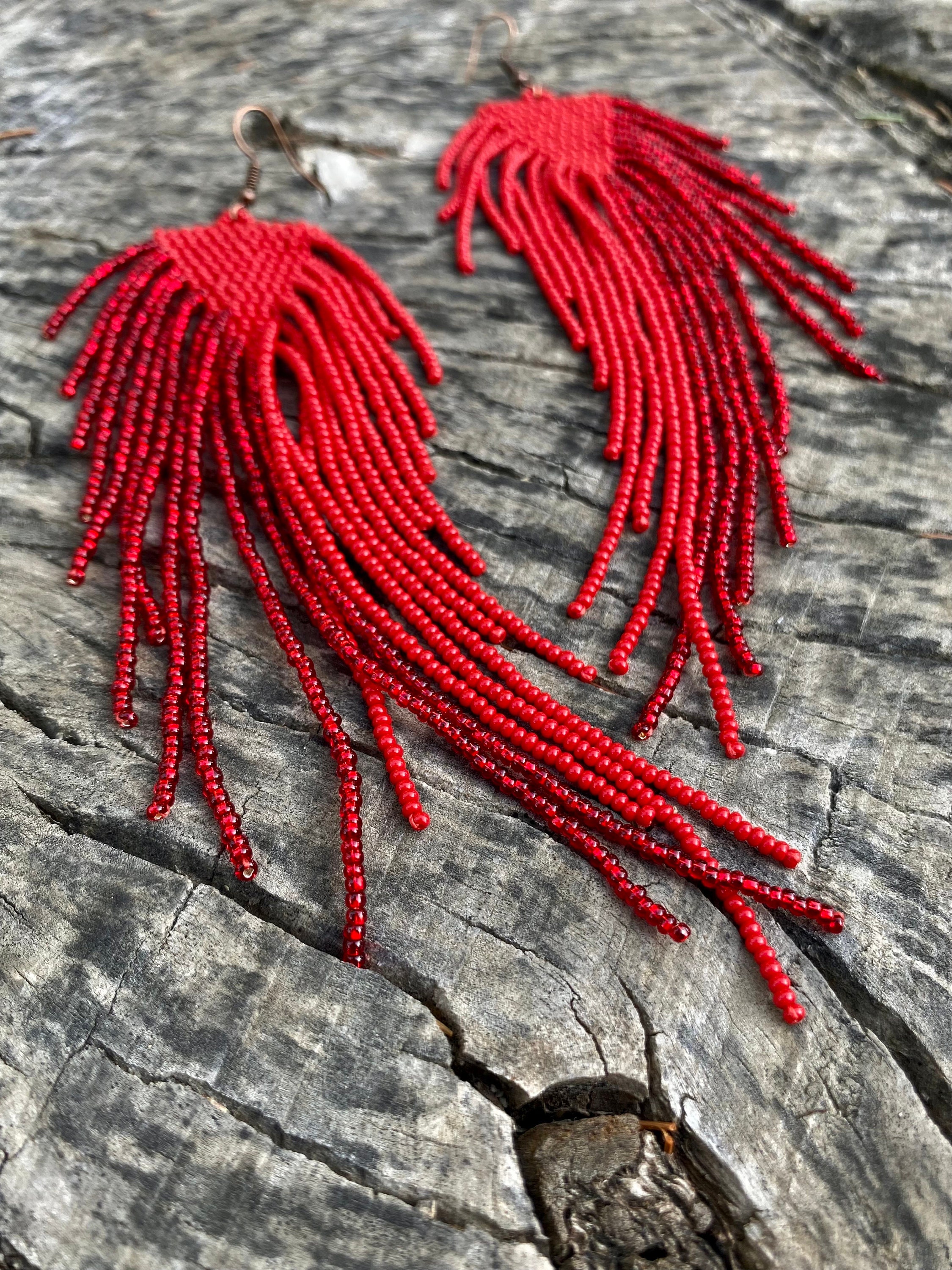 Extra Long Red Beaded Fringe Earrings, Shiny Red Earrings, Seed Bead ...