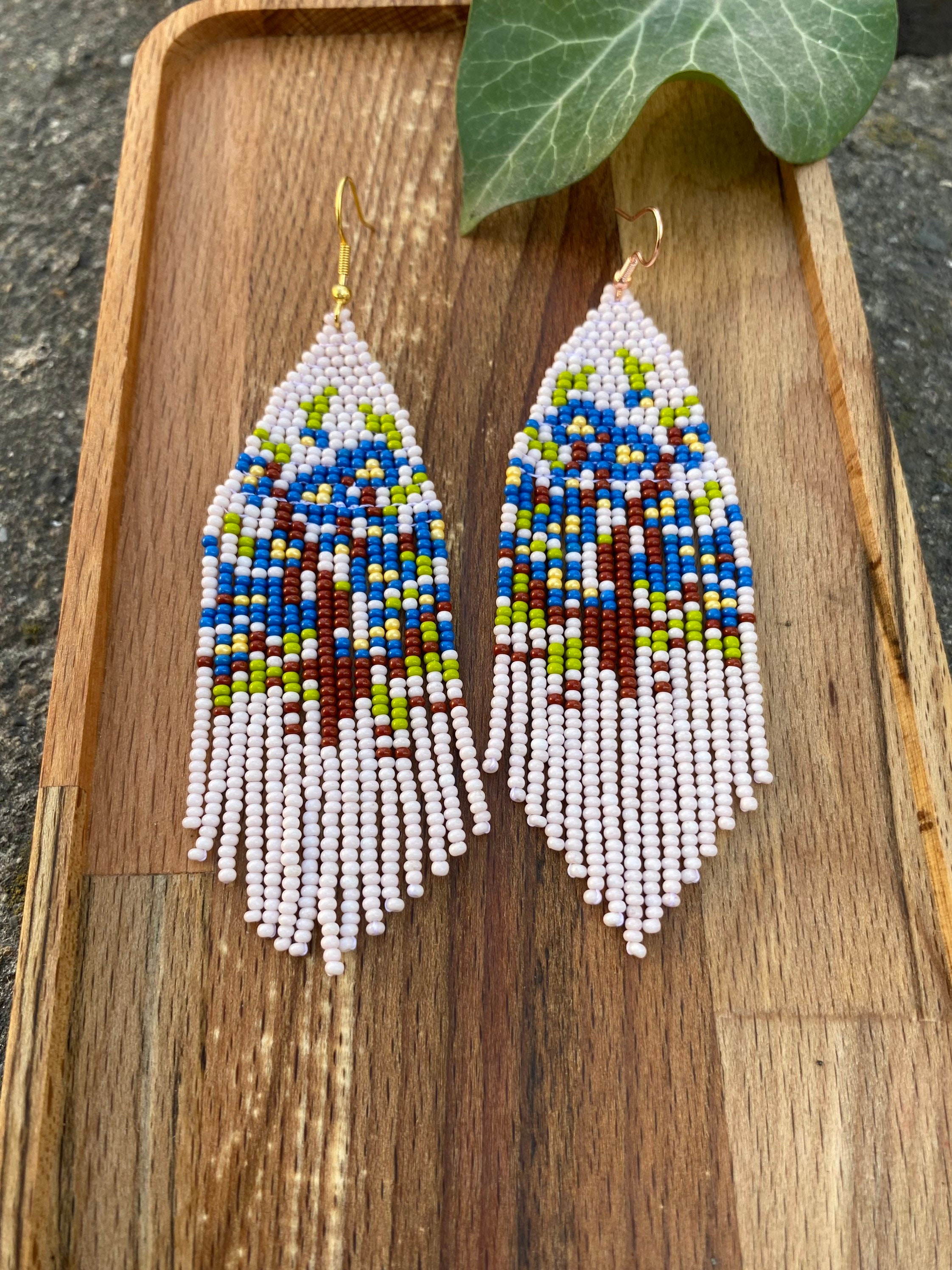 Blue Flower Bunch Beaded Fringe Earrings Seed Bead Earrings - Etsy